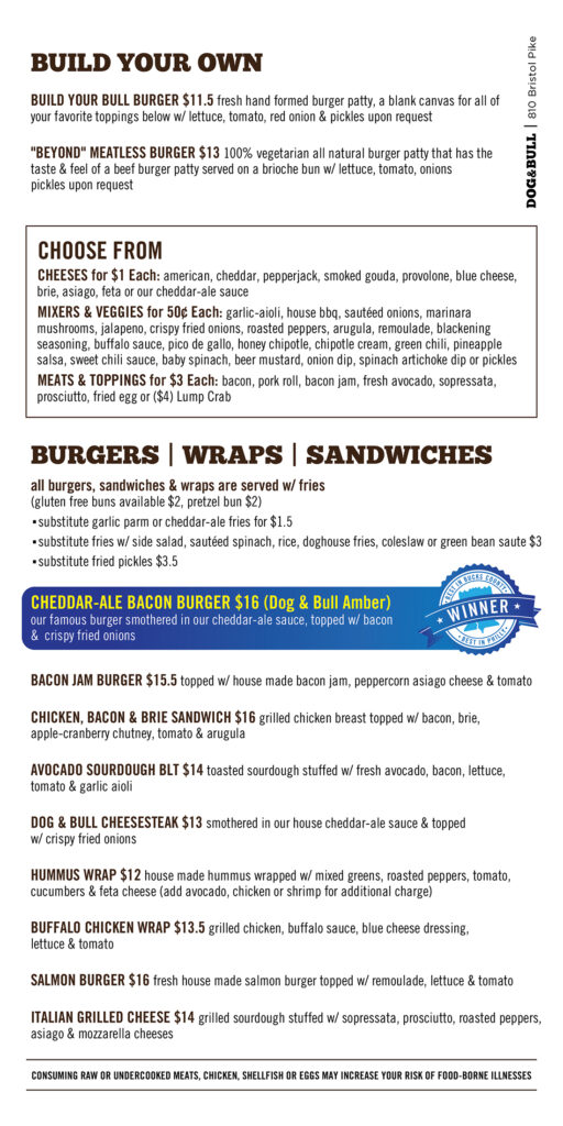 Food Menu - Dog and Bull Brew and Music House – Croydon PA