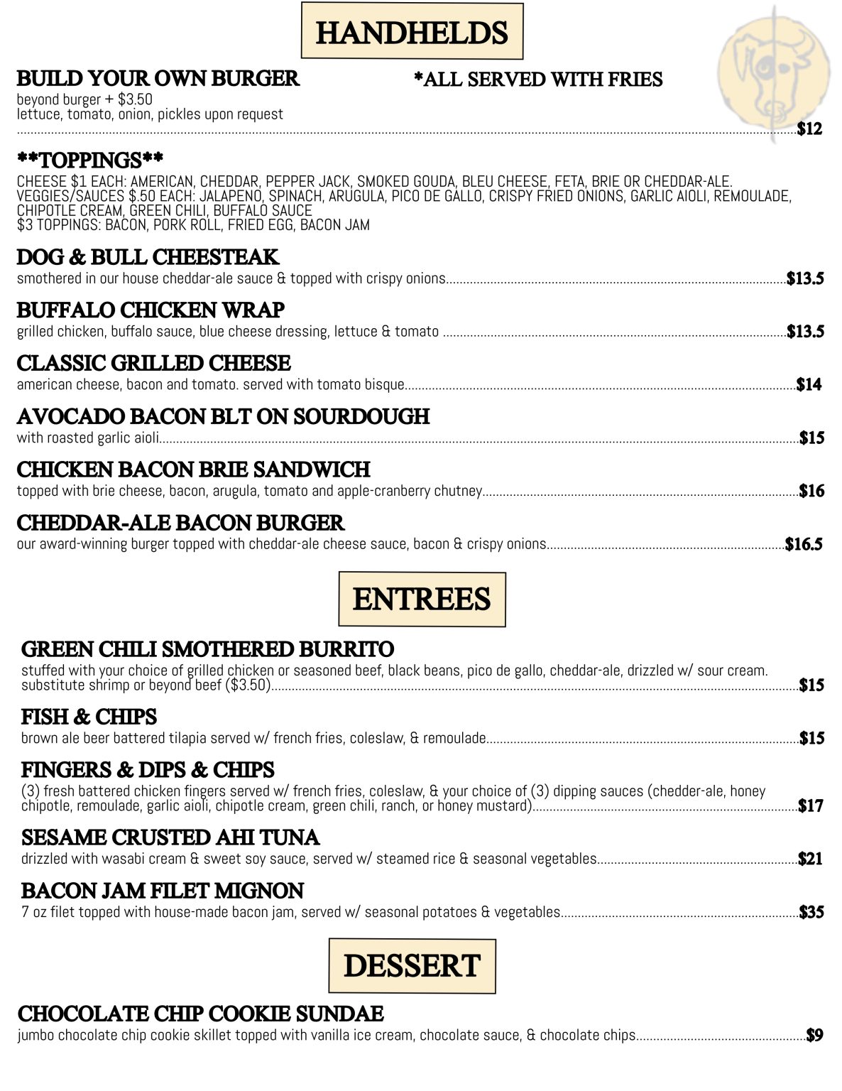 Food Menu - Dog and Bull Brew and Music House – Croydon PA