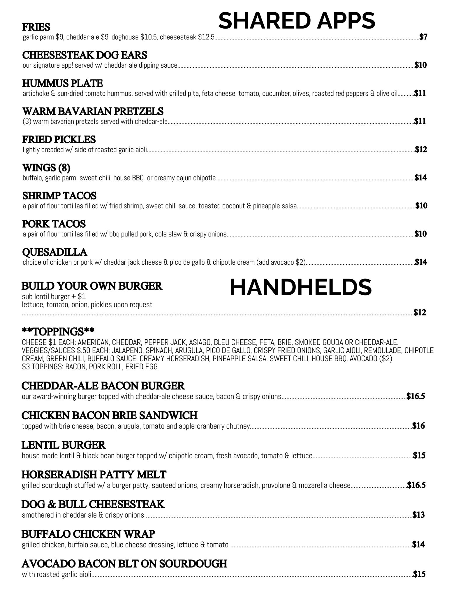 Food Menu - Dog and Bull Brew and Music House – Croydon PA
